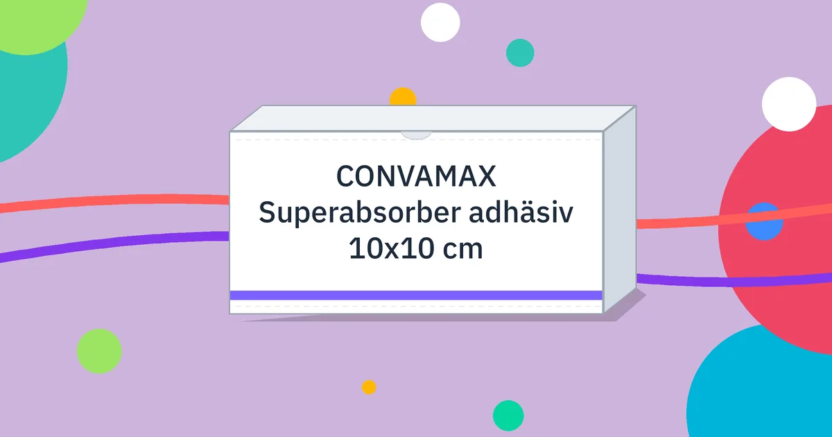 Symbolbild: Packung mit der Aufschrift CONVAMAX Superabsorber adhäsiv 10x10 cm (PZN 16733816) – Verfügbarkeit und Bezug in Apotheken in Frankfurt am Main