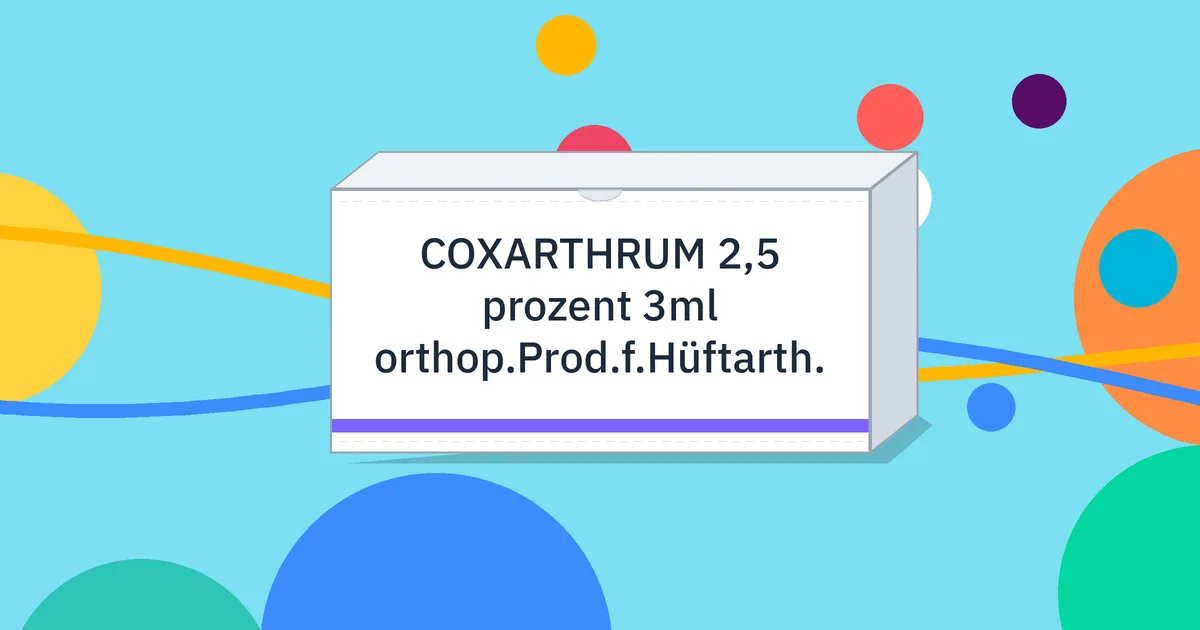 Symbolbild: Packung mit der Aufschrift COXARTHRUM 2,5 prozent 3ml orthop.Prod.f.Hüftarth. (PZN 01129919) – Verfügbarkeit und Bezug in Apotheken in Frankfurt am Main