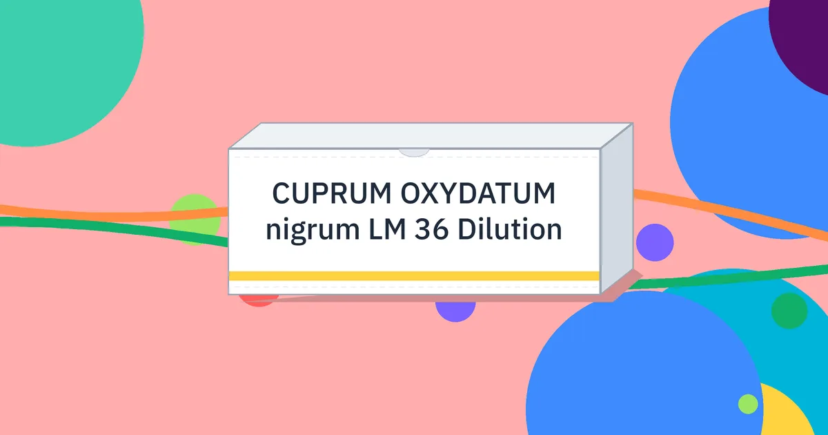 Symbolbild: Packung mit der Aufschrift CUPRUM OXYDATUM nigrum LM 36 Dilution (PZN 13458893) – Verfügbarkeit und Bezug in Apotheken in Frankfurt am Main