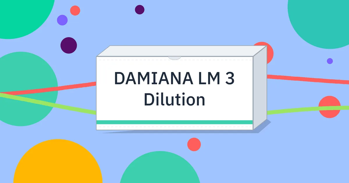 Symbolbild: Packung mit der Aufschrift DAMIANA LM 3 Dilution (PZN 13460861) – Verfügbarkeit und Bezug in Apotheken in Frankfurt am Main