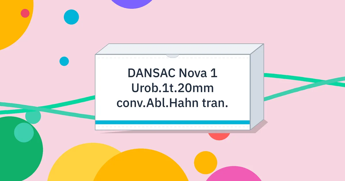 Symbolbild: Packung mit der Aufschrift DANSAC Nova 1 Urob.1t.20mm conv.Abl.Hahn tran. (PZN 04516953) – Verfügbarkeit und Bezug in Apotheken in Frankfurt am Main