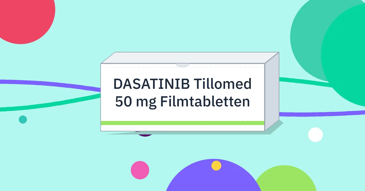 Symbolbild: Packung mit der Aufschrift DASATINIB Tillomed 50 mg Filmtabletten (PZN 16818470) – Verfügbarkeit und Bezug in Apotheken in Frankfurt am Main