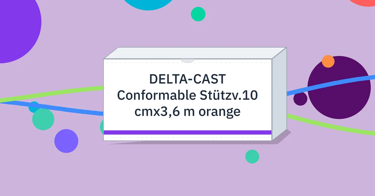 Symbolbild: Packung mit der Aufschrift DELTA-CAST Conformable Stützv.10 cmx3,6 m orange (PZN 04590990) – Verfügbarkeit und Bezug in Apotheken in Frankfurt am Main