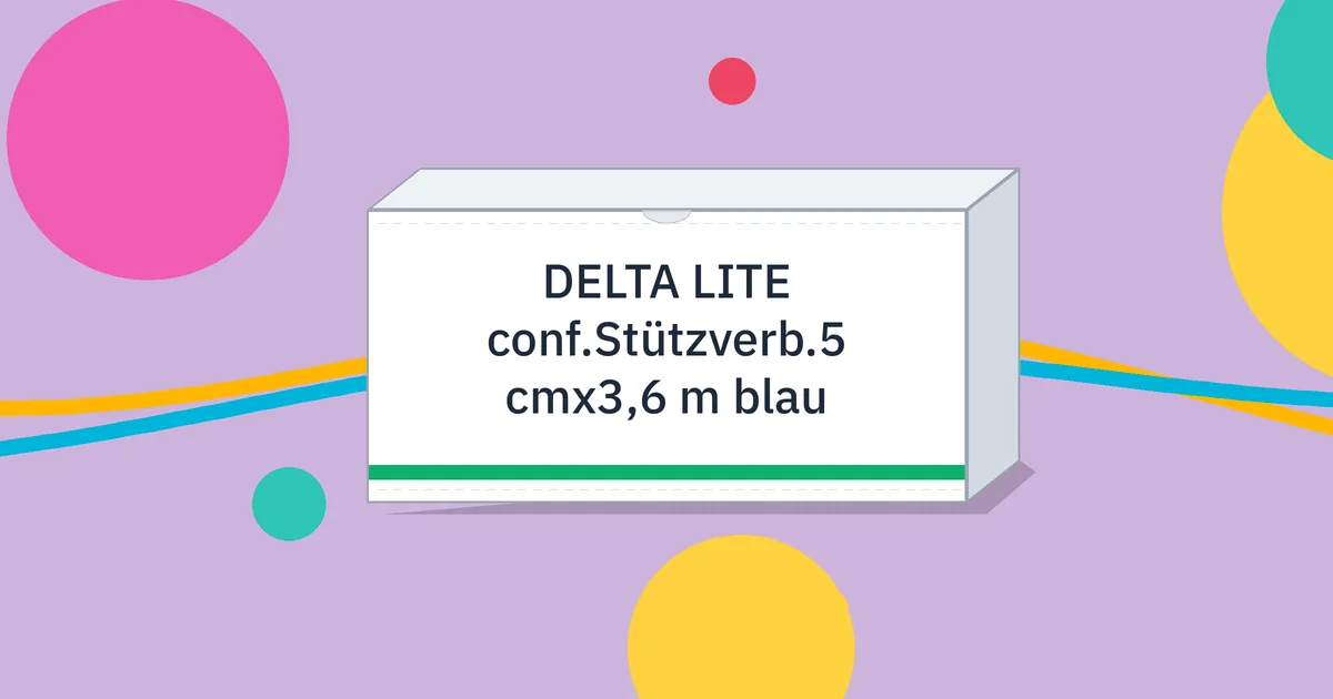 Symbolbild: Packung mit der Aufschrift DELTA LITE conf.Stützverb.5 cmx3,6 m blau (PZN 04252721) – Verfügbarkeit und Bezug in Apotheken in Frankfurt am Main