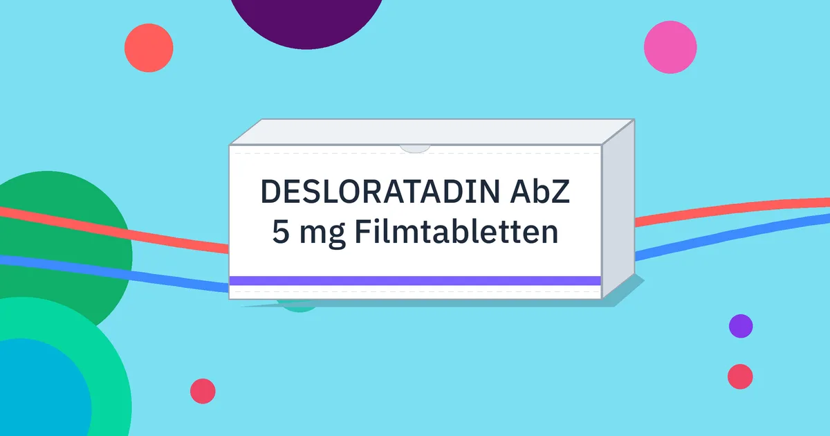 Symbolbild: Packung mit der Aufschrift DESLORATADIN AbZ 5 mg Filmtabletten (PZN 09714741) – Verfügbarkeit und Bezug in Apotheken in Frankfurt am Main