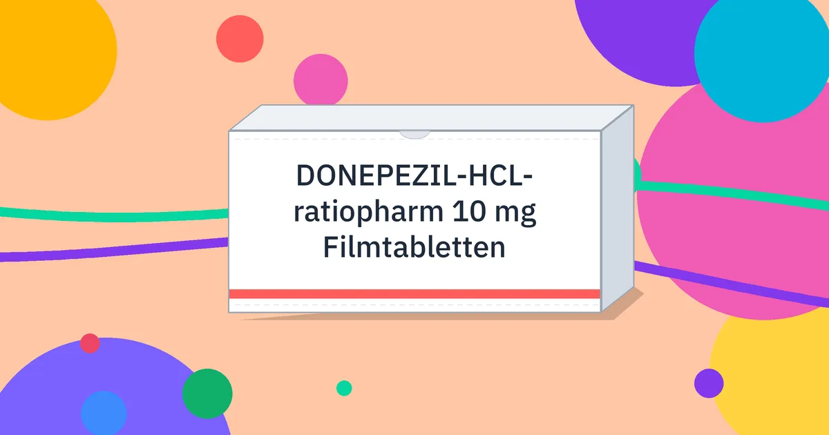 Symbolbild: Packung mit der Aufschrift DONEPEZIL-HCL-ratiopharm 10 mg Filmtabletten (PZN 08885601) – Verfügbarkeit und Bezug in Apotheken in Frankfurt am Main
