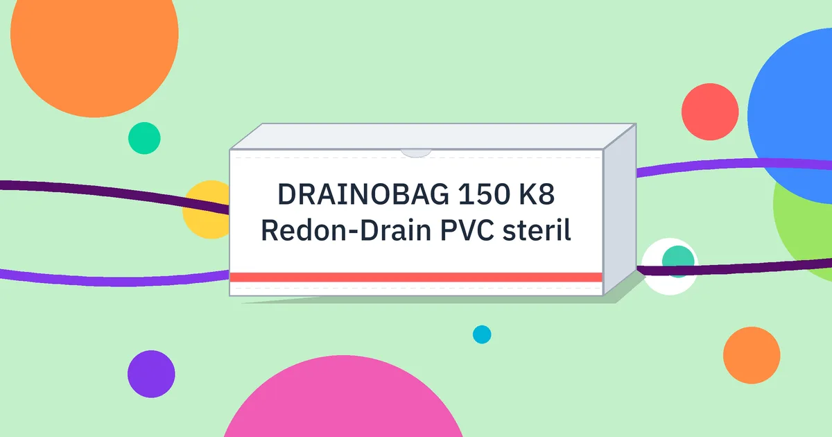 Symbolbild: Packung mit der Aufschrift DRAINOBAG 150 K8 Redon-Drain PVC steril (PZN 03202052) – Verfügbarkeit und Bezug in Apotheken in Frankfurt am Main