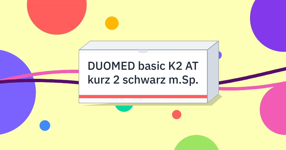 Symbolbild: Packung mit der Aufschrift DUOMED basic K2 AT kurz 2 schwarz m.Sp. (PZN 20906518) – Verfügbarkeit und Bezug in Apotheken in Frankfurt am Main