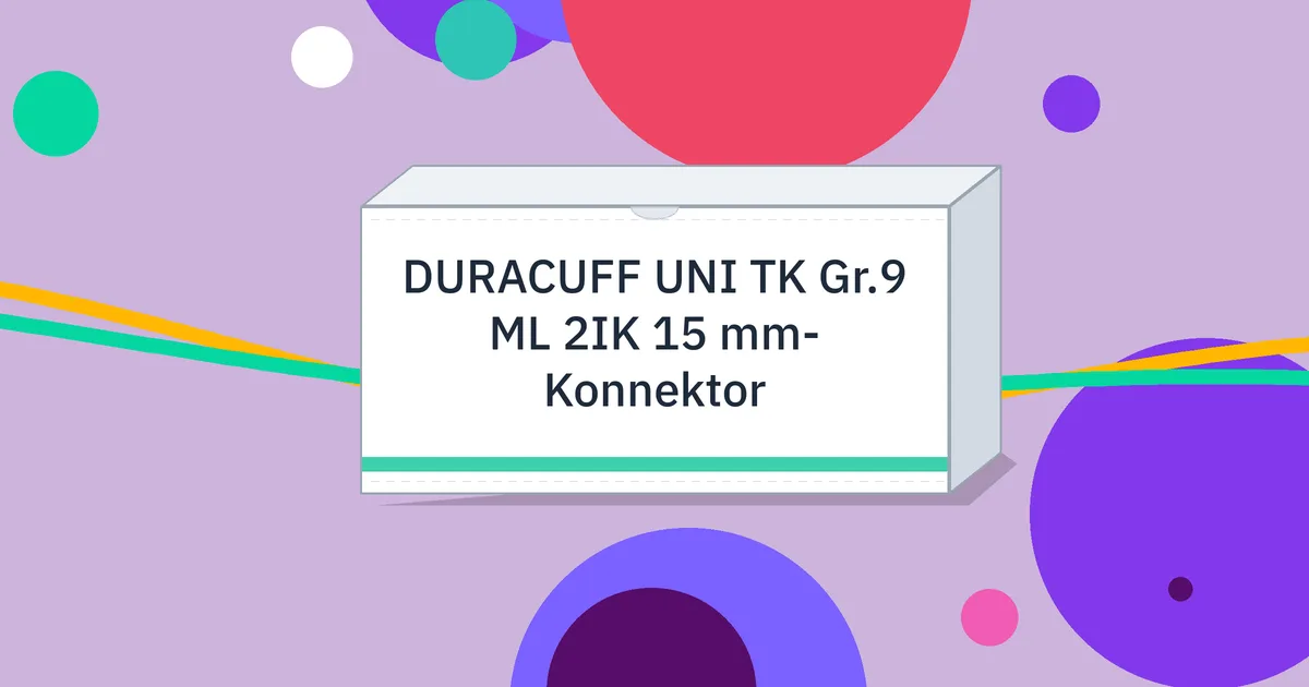 Symbolbild: Packung mit der Aufschrift DURACUFF UNI TK Gr.9 ML 2IK 15 mm-Konnektor (PZN 01222777) – Verfügbarkeit und Bezug in Apotheken in Frankfurt am Main