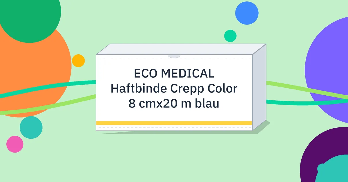 Symbolbild: Packung mit der Aufschrift ECO MEDICAL Haftbinde Crepp Color 8 cmx20 m blau (PZN 00733062) – Verfügbarkeit und Bezug in Apotheken in Frankfurt am Main