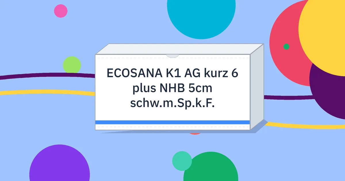Symbolbild: Packung mit der Aufschrift ECOSANA K1 AG kurz 6 plus NHB 5cm schw.m.Sp.k.F. (PZN 04729755) – Verfügbarkeit und Bezug in Apotheken in Frankfurt am Main