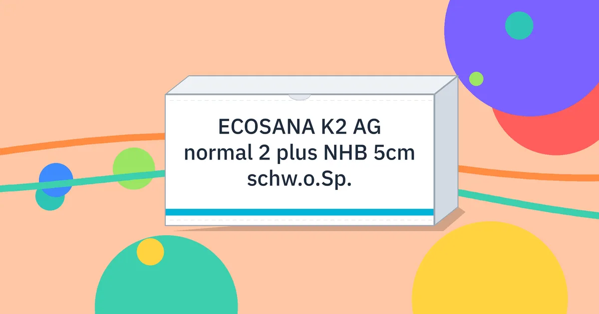 Symbolbild: Packung mit der Aufschrift ECOSANA K2 AG normal 2 plus NHB 5cm schw.o.Sp. (PZN 01387461) – Verfügbarkeit und Bezug in Apotheken in Frankfurt am Main