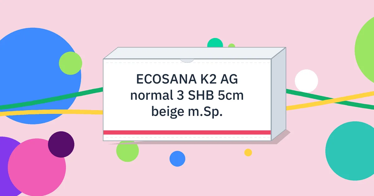 Symbolbild: Packung mit der Aufschrift ECOSANA K2 AG normal 3 SHB 5cm beige m.Sp. (PZN 01417015) – Verfügbarkeit und Bezug in Apotheken in Frankfurt am Main