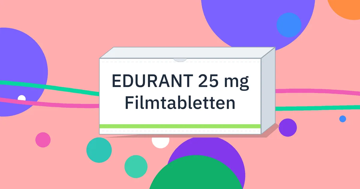 Symbolbild: Packung mit der Aufschrift EDURANT 25 mg Filmtabletten (PZN 11729603) – Verfügbarkeit und Bezug in Apotheken in Frankfurt am Main