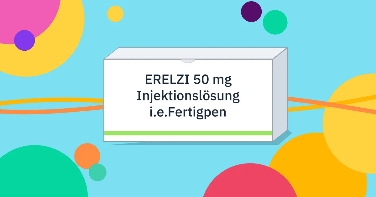 Symbolbild: Packung mit der Aufschrift ERELZI 50 mg Injektionslösung i.e.Fertigpen (PZN 15200153) – Verfügbarkeit und Bezug in Apotheken in Frankfurt am Main