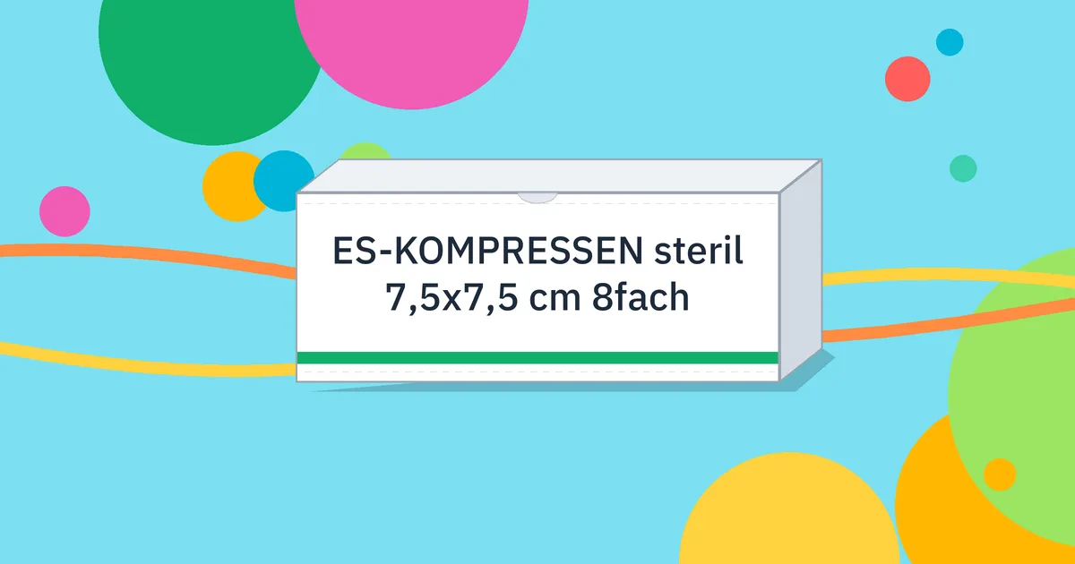 Symbolbild: Packung mit der Aufschrift ES-KOMPRESSEN steril 7,5x7,5 cm 8fach (PZN 17839592) – Verfügbarkeit und Bezug in Apotheken in Frankfurt am Main