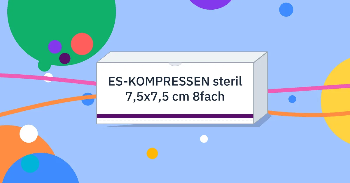 Symbolbild: Packung mit der Aufschrift ES-KOMPRESSEN steril 7,5x7,5 cm 8fach (PZN 18715716) – Verfügbarkeit und Bezug in Apotheken in Frankfurt am Main