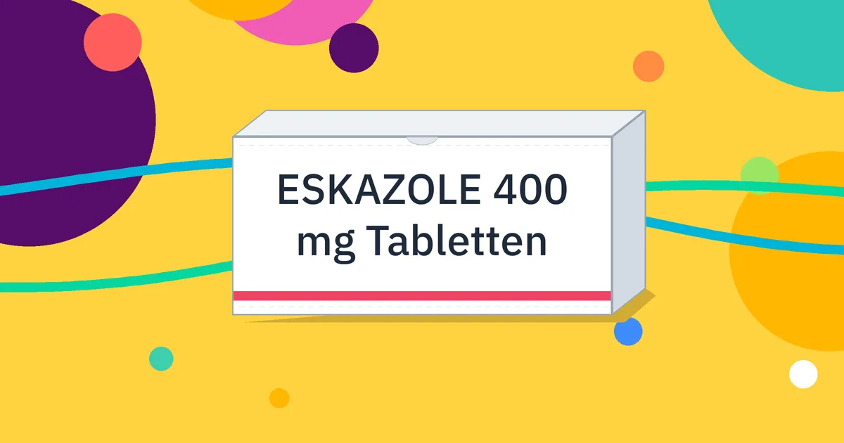Symbolbild: Packung mit der Aufschrift ESKAZOLE 400 mg Tabletten (PZN 19989278) – Verfügbarkeit und Bezug in Apotheken in Frankfurt am Main