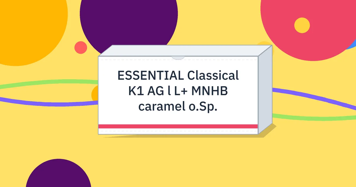 Symbolbild: Packung mit der Aufschrift ESSENTIAL Classical K1 AG l L+ MNHB caramel o.Sp. (PZN 19321445) – Verfügbarkeit und Bezug in Apotheken in Frankfurt am Main