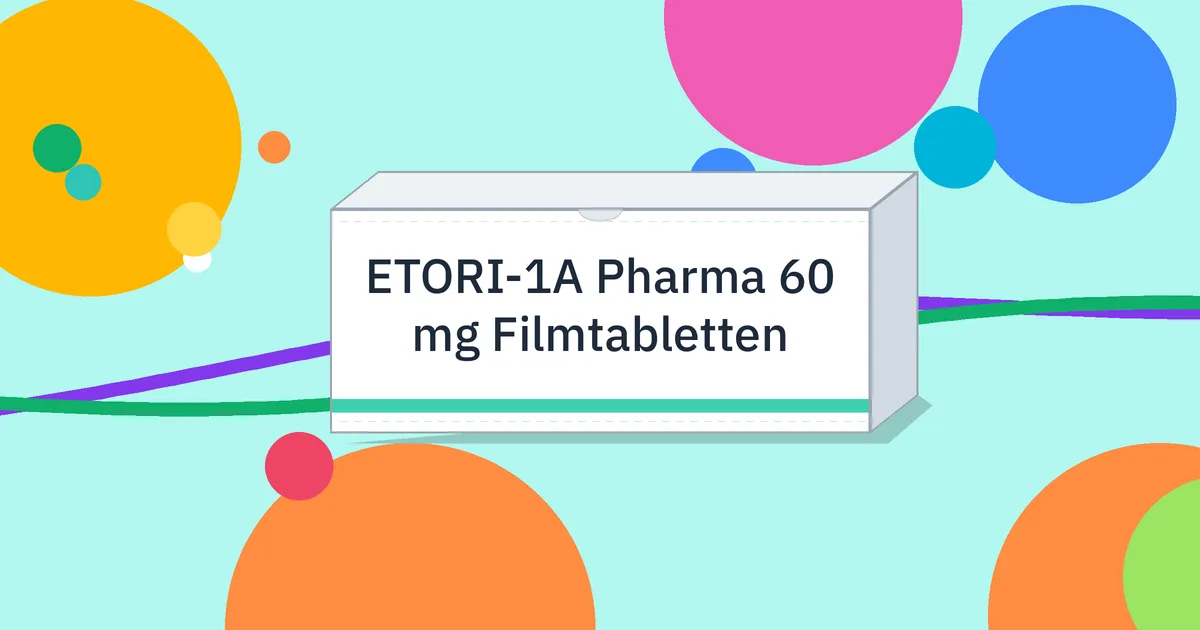 Symbolbild: Packung mit der Aufschrift ETORI-1A Pharma 60 mg Filmtabletten (PZN 12422226) – Verfügbarkeit und Bezug in Apotheken in Frankfurt am Main