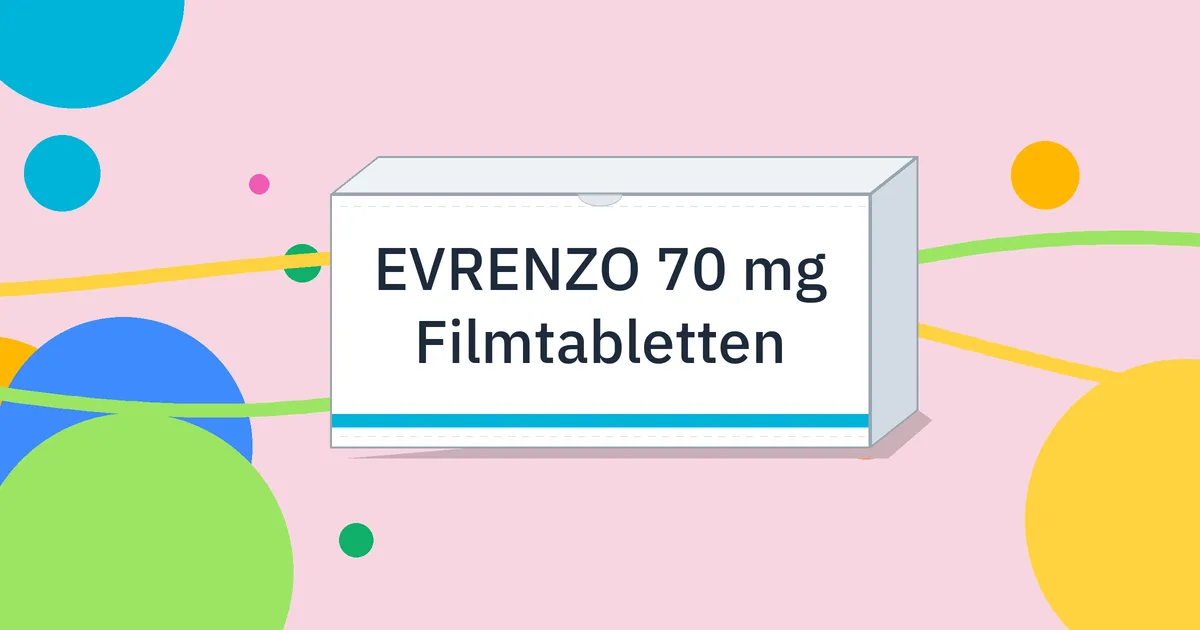 Symbolbild: Packung mit der Aufschrift EVRENZO 70 mg Filmtabletten (PZN 19381074) – Verfügbarkeit und Bezug in Apotheken in Frankfurt am Main