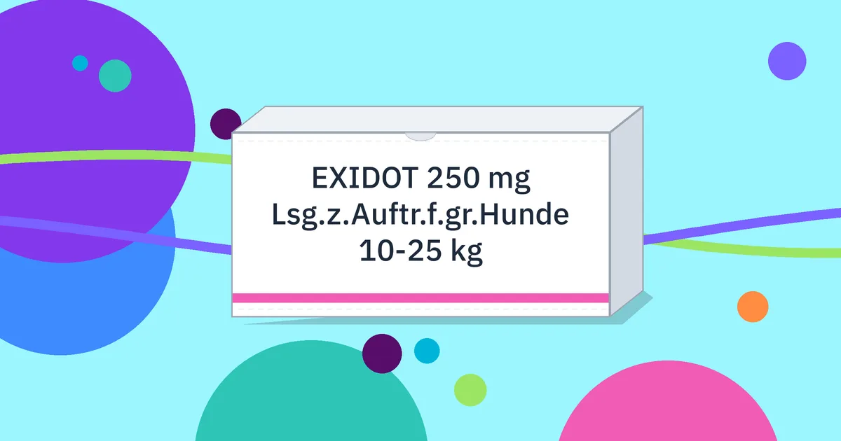 Symbolbild: Packung mit der Aufschrift EXIDOT 250 mg Lsg.z.Auftr.f.gr.Hunde 10-25 kg (PZN 16828882) – Verfügbarkeit und Bezug in Apotheken in Frankfurt am Main