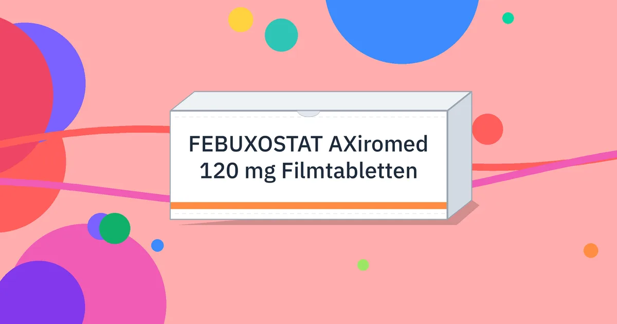 Symbolbild: Packung mit der Aufschrift FEBUXOSTAT AXiromed 120 mg Filmtabletten (PZN 15425076) – Verfügbarkeit und Bezug in Apotheken in Frankfurt am Main