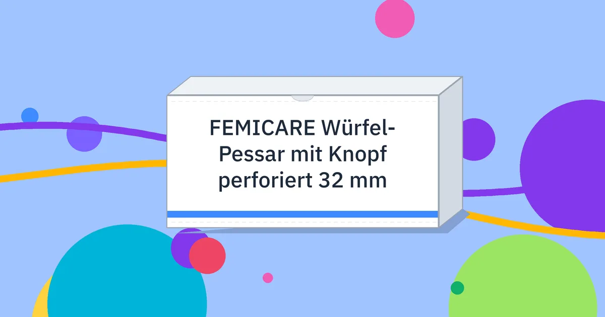 Symbolbild: Packung mit der Aufschrift FEMICARE Würfel-Pessar mit Knopf perforiert 32 mm (PZN 19335915) – Verfügbarkeit und Bezug in Apotheken in Frankfurt am Main