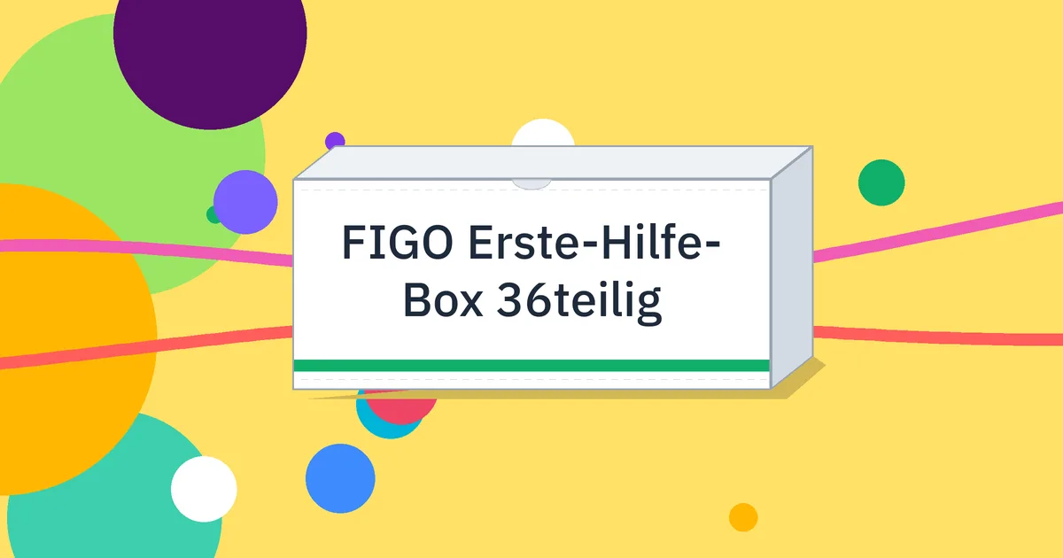 Symbolbild: Packung mit der Aufschrift FIGO Erste-Hilfe-Box 36teilig (PZN 19434706) – Verfügbarkeit und Bezug in Apotheken in Frankfurt am Main