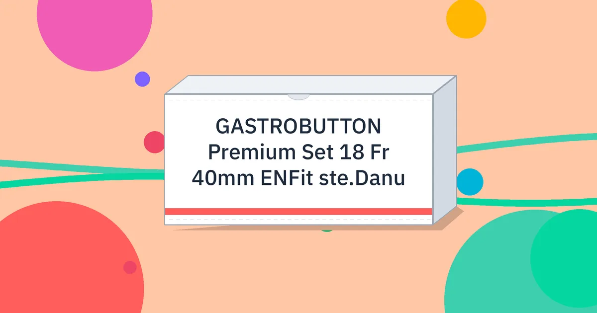 Symbolbild: Packung mit der Aufschrift GASTROBUTTON Premium Set 18 Fr 40mm ENFit ste.Danu (PZN 16883869) – Verfügbarkeit und Bezug in Apotheken in Frankfurt am Main