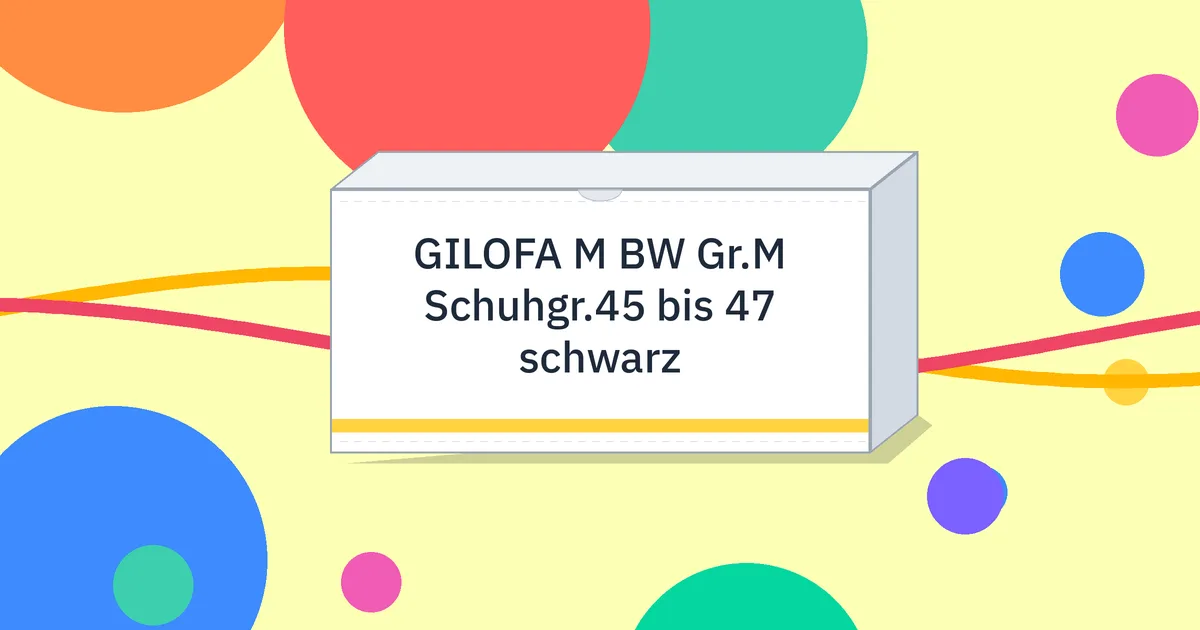 Symbolbild: Packung mit der Aufschrift GILOFA M BW Gr.M Schuhgr.45 bis 47 schwarz (PZN 16724875) – Verfügbarkeit und Bezug in Apotheken in Frankfurt am Main