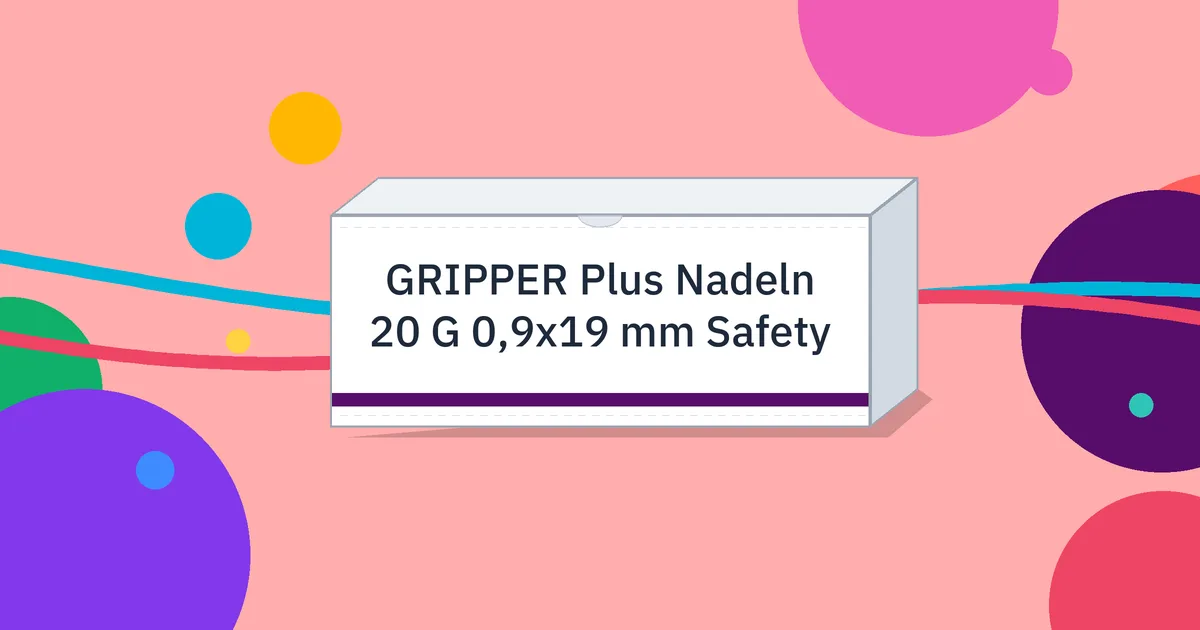 Symbolbild: Packung mit der Aufschrift GRIPPER Plus Nadeln 20 G 0,9x19 mm Safety (PZN 14287198) – Verfügbarkeit und Bezug in Apotheken in Frankfurt am Main