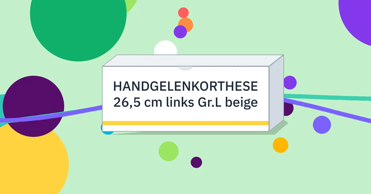 Symbolbild: Packung mit der Aufschrift HANDGELENKORTHESE 26,5 cm links Gr.L beige (PZN 03388619) – Verfügbarkeit und Bezug in Apotheken in Frankfurt am Main