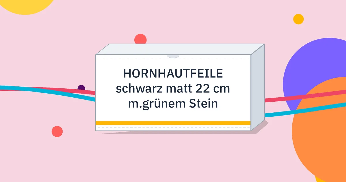 Symbolbild: Packung mit der Aufschrift HORNHAUTFEILE schwarz matt 22 cm m.grünem Stein (PZN 14347492) – Verfügbarkeit und Bezug in Apotheken in Frankfurt am Main