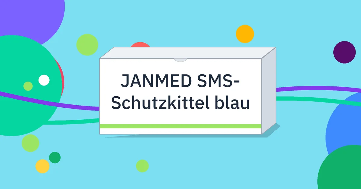 Symbolbild: Packung mit der Aufschrift JANMED SMS-Schutzkittel blau (PZN 17199460) – Verfügbarkeit und Bezug in Apotheken in Frankfurt am Main