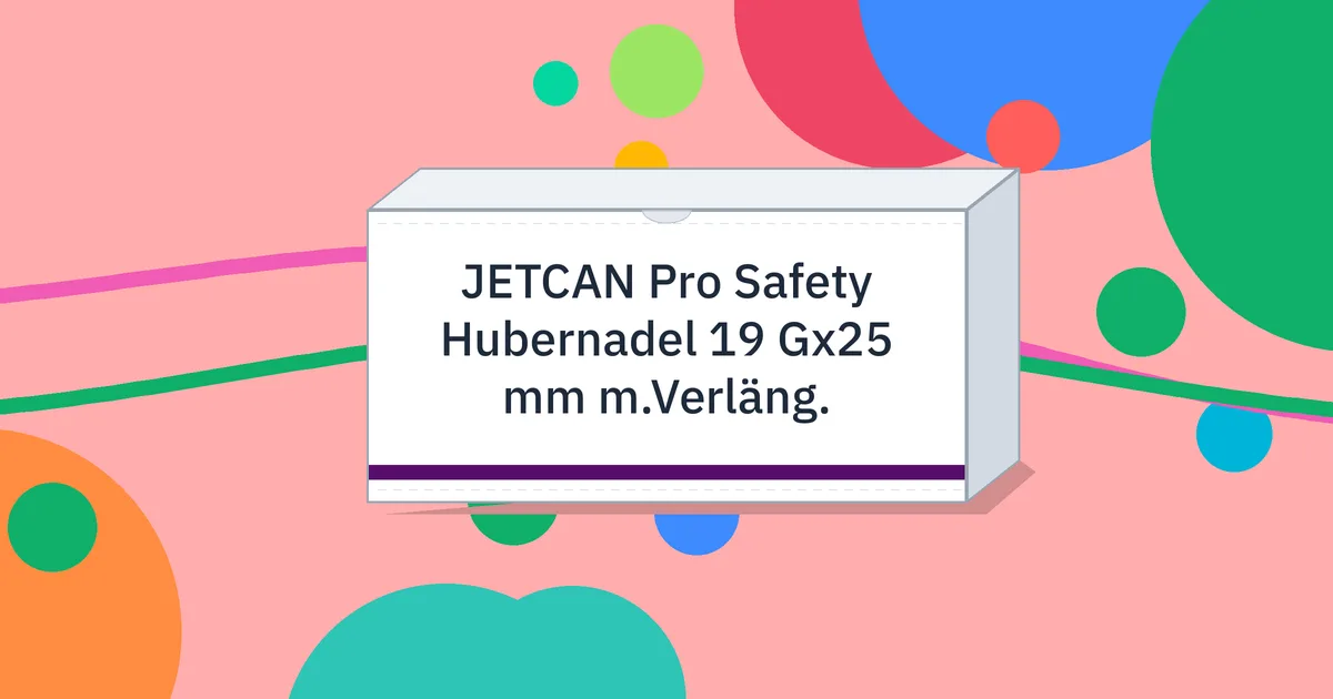 Symbolbild: Packung mit der Aufschrift JETCAN Pro Safety Hubernadel 19 Gx25 mm m.Verläng. (PZN 19238796) – Verfügbarkeit und Bezug in Apotheken in Frankfurt am Main