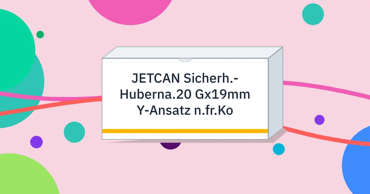 Symbolbild: Packung mit der Aufschrift JETCAN Sicherh.-Huberna.20 Gx19mm Y-Ansatz n.fr.Ko (PZN 20835988) – Verfügbarkeit und Bezug in Apotheken in Frankfurt am Main