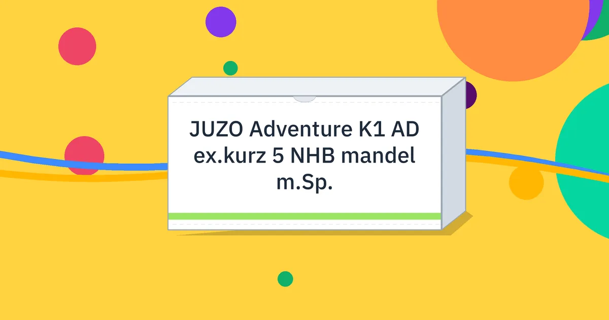 Symbolbild: Packung mit der Aufschrift JUZO Adventure K1 AD ex.kurz 5 NHB mandel m.Sp. (PZN 14975716) – Verfügbarkeit und Bezug in Apotheken in Frankfurt am Main