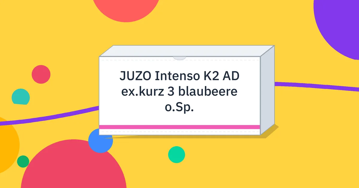 Symbolbild: Packung mit der Aufschrift JUZO Intenso K2 AD ex.kurz 3 blaubeere o.Sp. (PZN 18618657) – Verfügbarkeit und Bezug in Apotheken in Frankfurt am Main