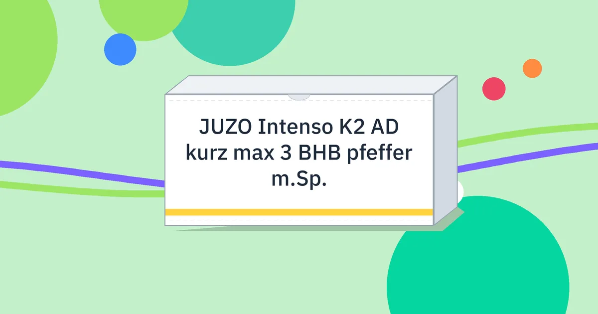 Symbolbild: Packung mit der Aufschrift JUZO Intenso K2 AD kurz max 3 BHB pfeffer m.Sp. (PZN 18615529) – Verfügbarkeit und Bezug in Apotheken in Frankfurt am Main