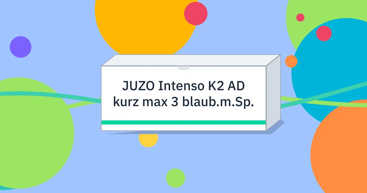 Symbolbild: Packung mit der Aufschrift JUZO Intenso K2 AD kurz max 3 blaub.m.Sp. (PZN 18608707) – Verfügbarkeit und Bezug in Apotheken in Frankfurt am Main