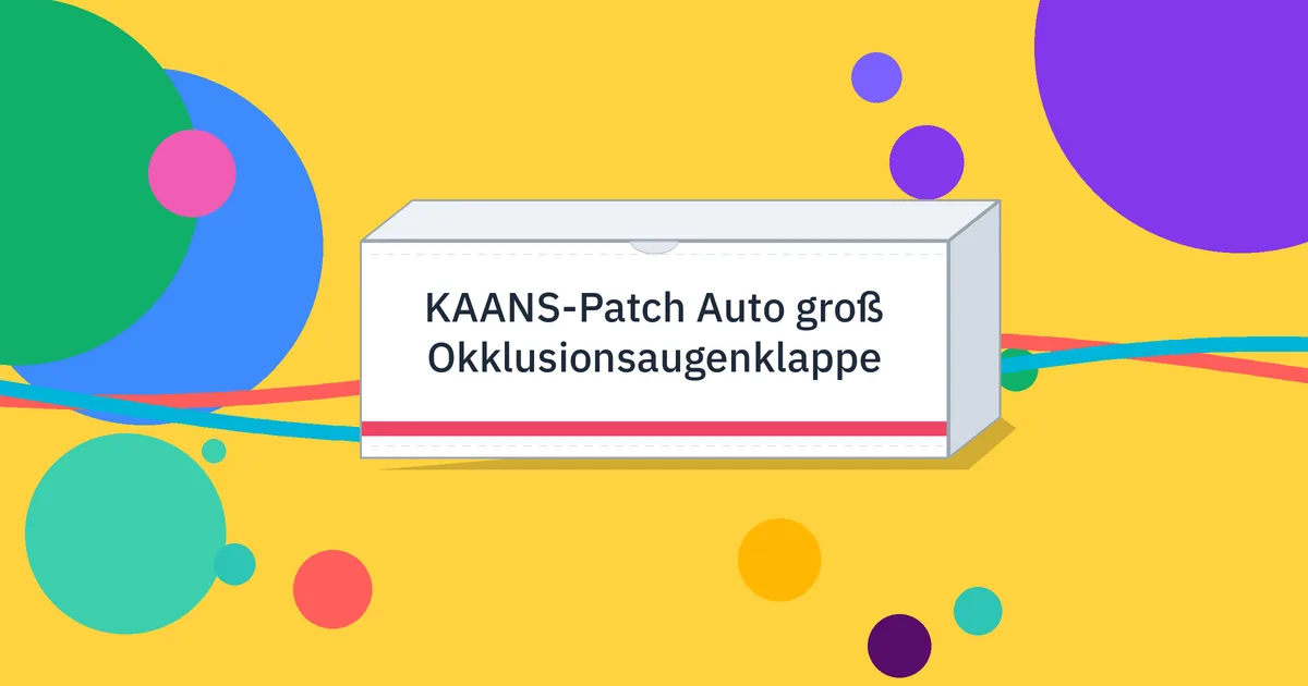 Symbolbild: Packung mit der Aufschrift KAANS-Patch Auto groß Okklusionsaugenklappe (PZN 11102181) – Verfügbarkeit und Bezug in Apotheken in Frankfurt am Main