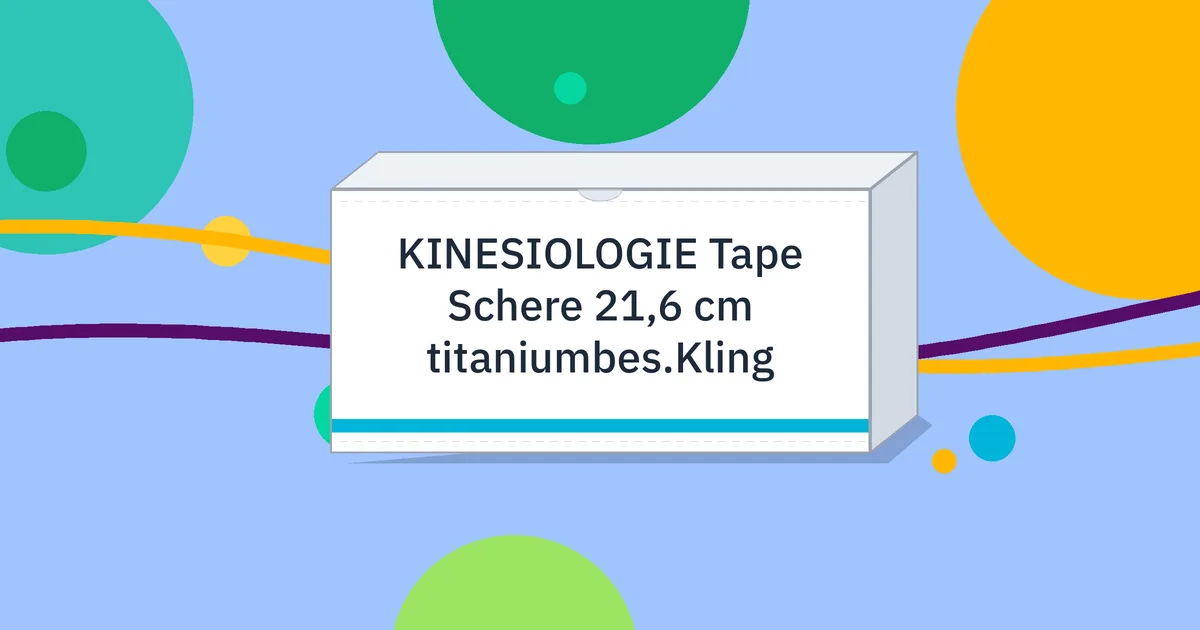 Symbolbild: Packung mit der Aufschrift KINESIOLOGIE Tape Schere 21,6 cm titaniumbes.Kling (PZN 10953735) – Verfügbarkeit und Bezug in Apotheken in Frankfurt am Main