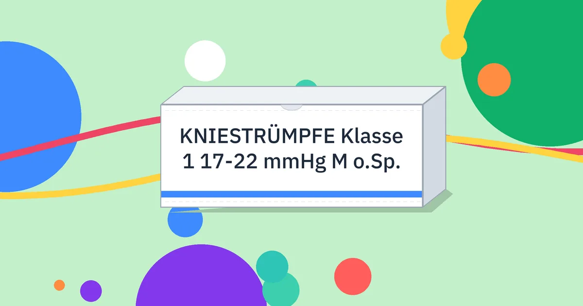 Symbolbild: Packung mit der Aufschrift KNIESTRÜMPFE Klasse 1 17-22 mmHg M o.Sp. (PZN 19072350) – Verfügbarkeit und Bezug in Apotheken in Frankfurt am Main