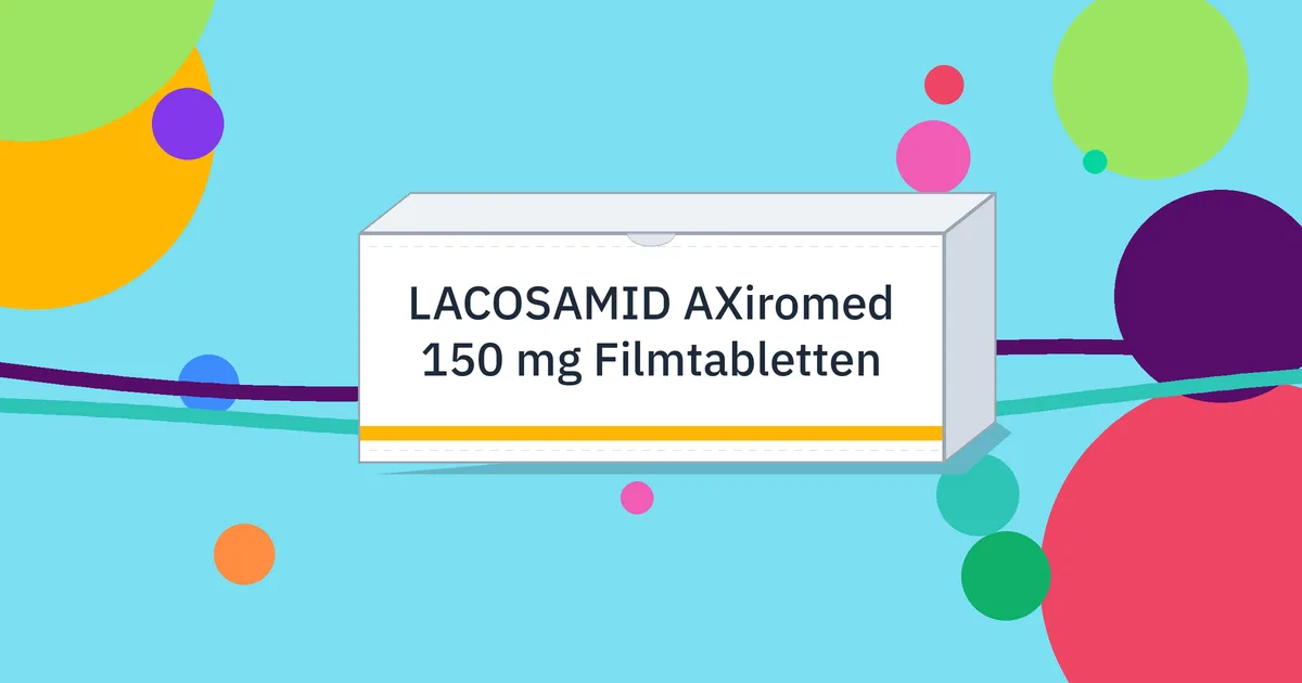Symbolbild: Packung mit der Aufschrift LACOSAMID AXiromed 150 mg Filmtabletten (PZN 18059034) – Verfügbarkeit und Bezug in Apotheken in Frankfurt am Main