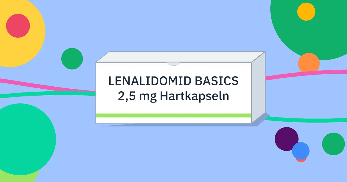 Symbolbild: Packung mit der Aufschrift LENALIDOMID BASICS 2,5 mg Hartkapseln (PZN 17830013) – Verfügbarkeit und Bezug in Apotheken in Frankfurt am Main