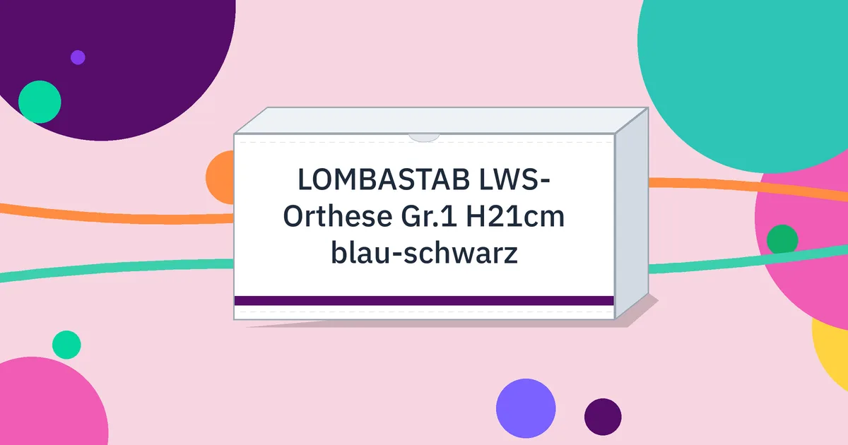 Symbolbild: Packung mit der Aufschrift LOMBASTAB LWS-Orthese Gr.1 H21cm blau-schwarz (PZN 18798205) – Verfügbarkeit und Bezug in Apotheken in Frankfurt am Main