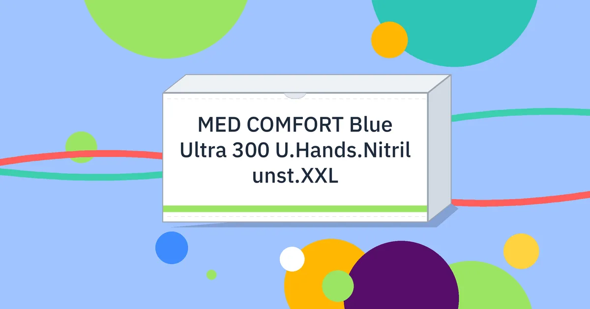 Symbolbild: Packung mit der Aufschrift MED COMFORT Blue Ultra 300 U.Hands.Nitril unst.XXL (PZN 15570364) – Verfügbarkeit und Bezug in Apotheken in Frankfurt am Main