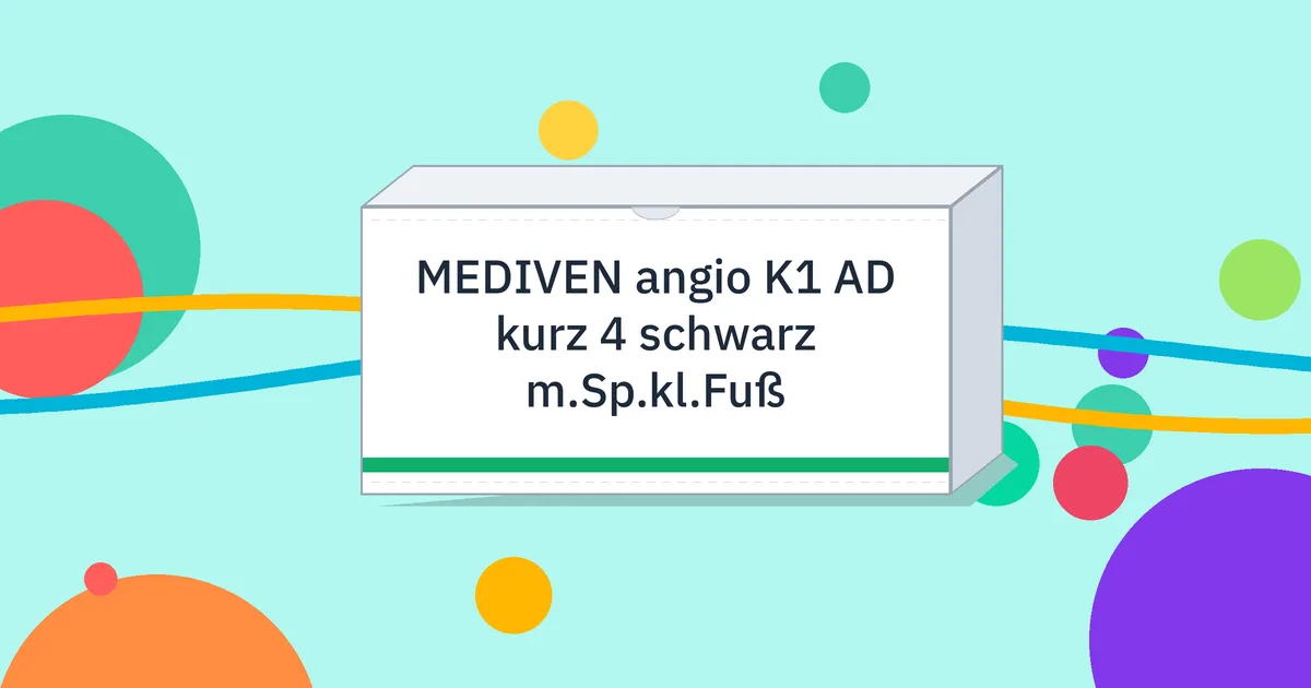 Symbolbild: Packung mit der Aufschrift MEDIVEN angio K1 AD kurz 4 schwarz m.Sp.kl.Fuß (PZN 17210440) – Verfügbarkeit und Bezug in Apotheken in Frankfurt am Main
