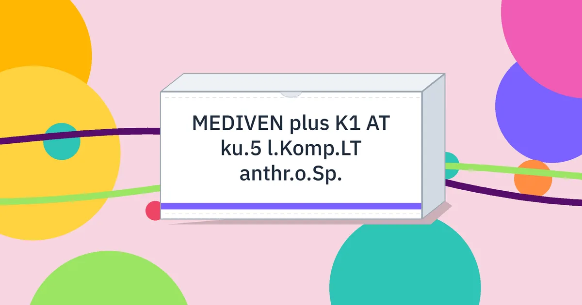 Symbolbild: Packung mit der Aufschrift MEDIVEN plus K1 AT ku.5 l.Komp.LT anthr.o.Sp. (PZN 15028783) – Verfügbarkeit und Bezug in Apotheken in Frankfurt am Main